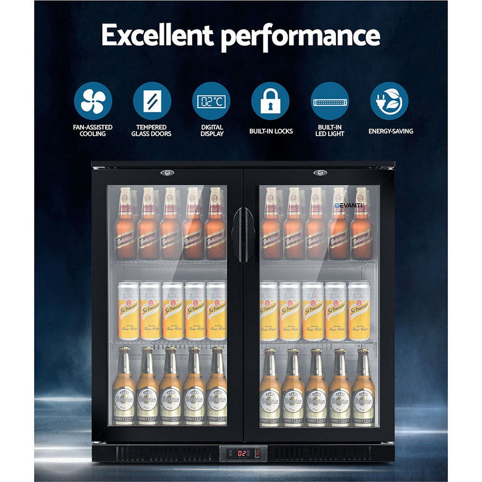 Devanti Bar Fridge 2 Glass Door Commercial Display Freeer Drink Bevera