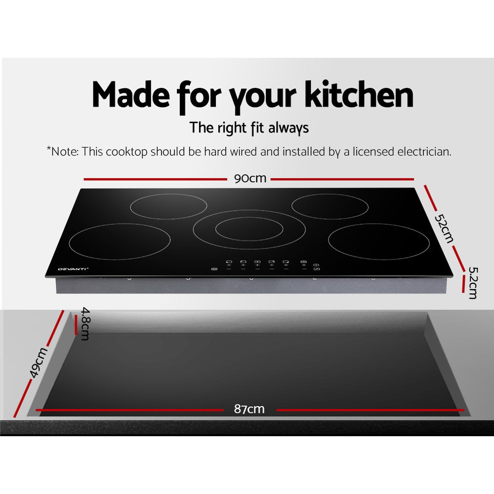 Devanti 90cm Ceramic Cooktop Electric Cook Top 5 Burner Stove Hob Touc