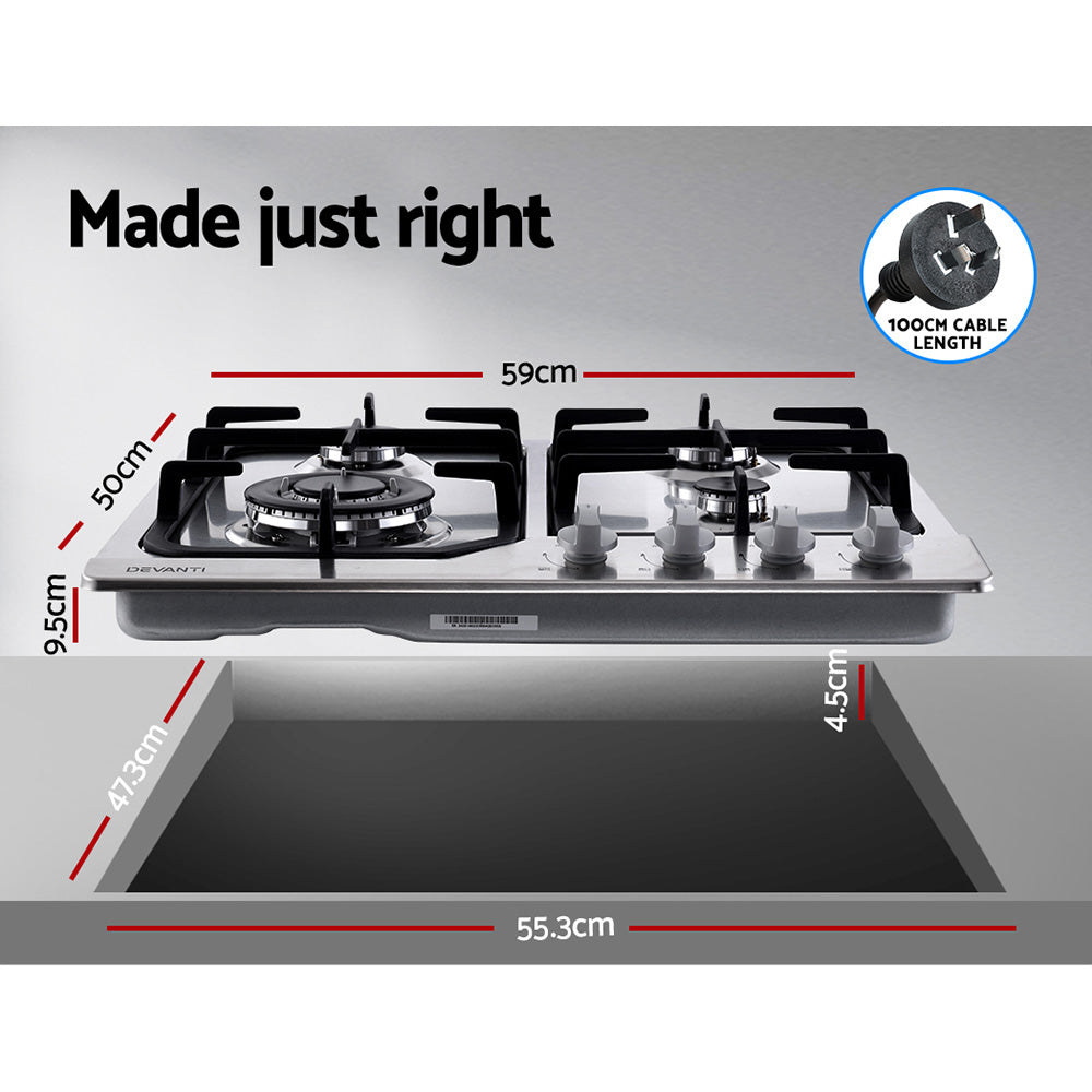 Devanti Gas Cooktop 60cm Gas Stove Cooker 4 Burner Cook Top Konbs NG L ...