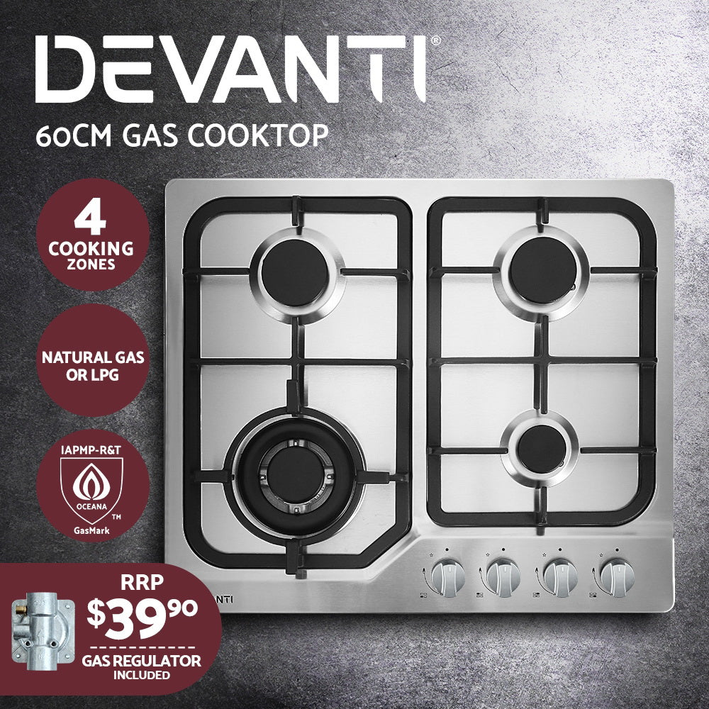 Devanti Gas Cooktop 60cm Gas Stove Cooker 4 Burner Cook Top Konbs NG L
