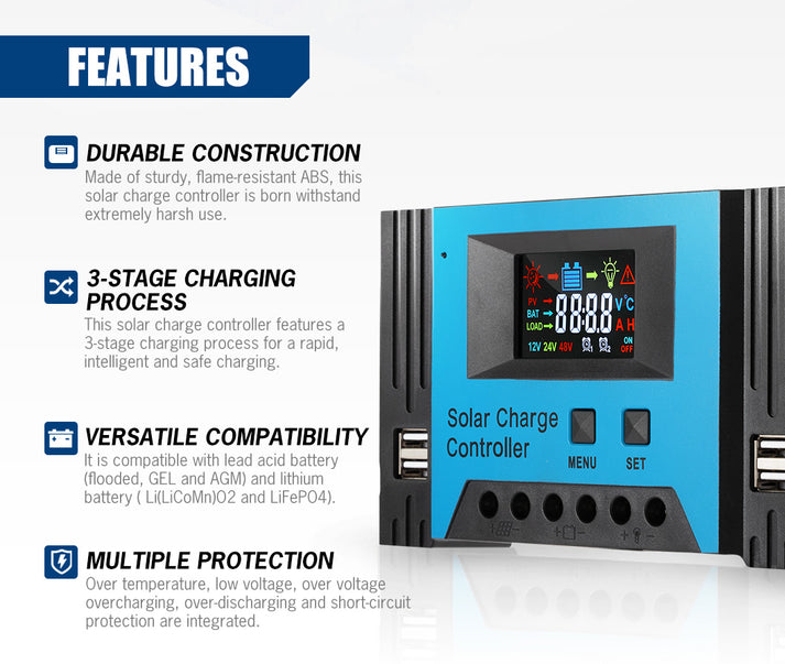 30A Solar Panel Battery Regulator Charge Controller PWM LCD 4 USB 30AM